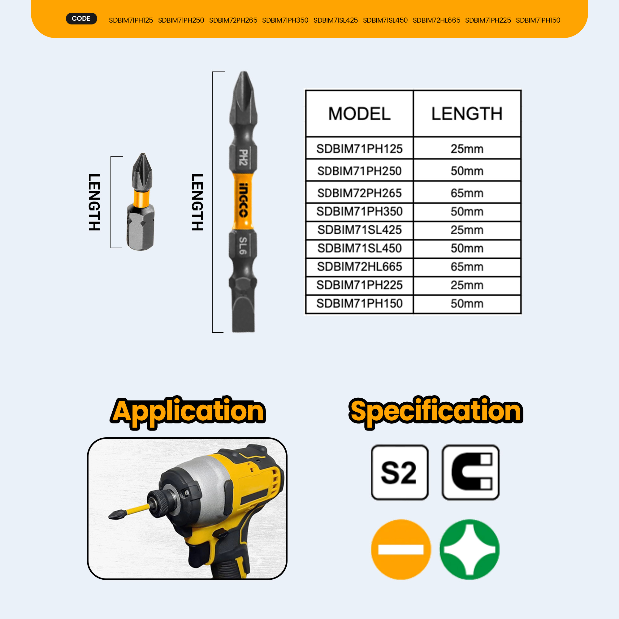 Ingco 2pcs Impact Screwdriver Bit Set S2 Magnetic Phillips/Slotted Bits ...