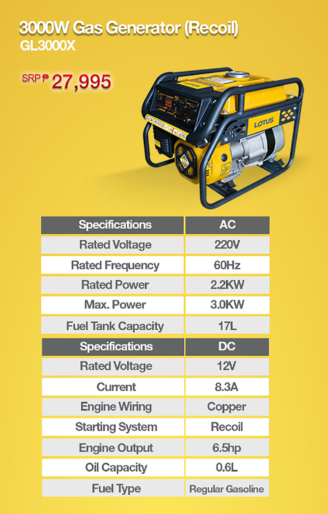 Lotus Gas Genset (RECOIL) 3KW GL3000X | Shopee Philippines