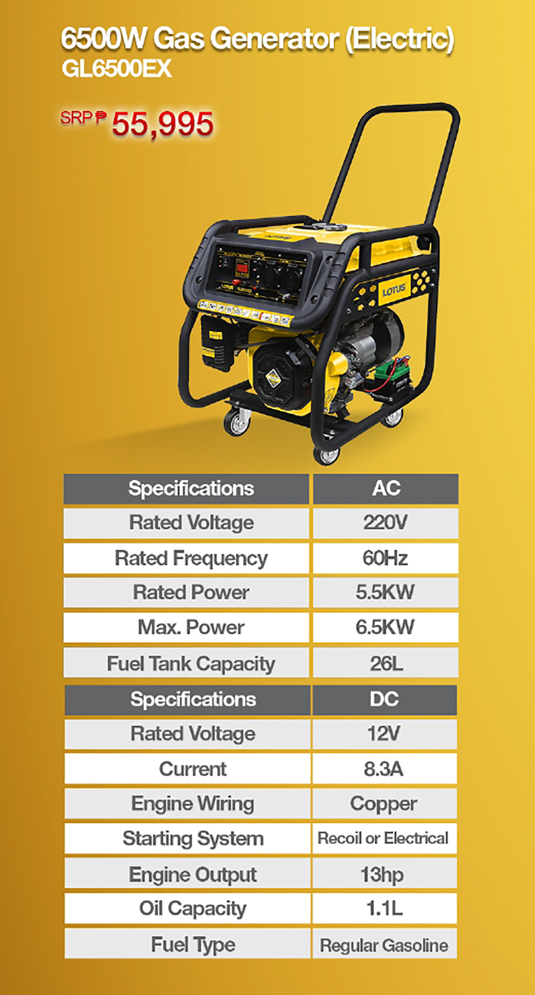 Lotus Gas Genset (ELECTRIC) 6.5KW GL6500EX - Power Generator | Shopee ...