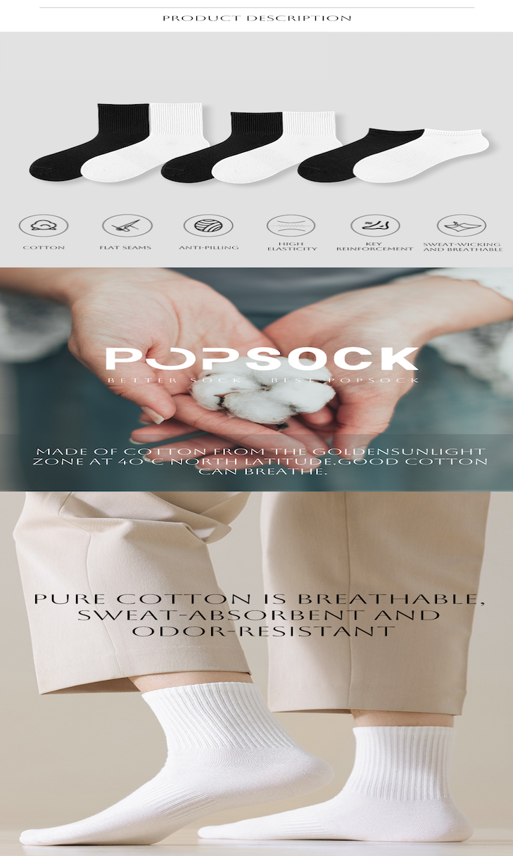 POPSOCK Sock 6-Pack 3-Size Black/White Breathable Sweat-Absorbent Odor ...