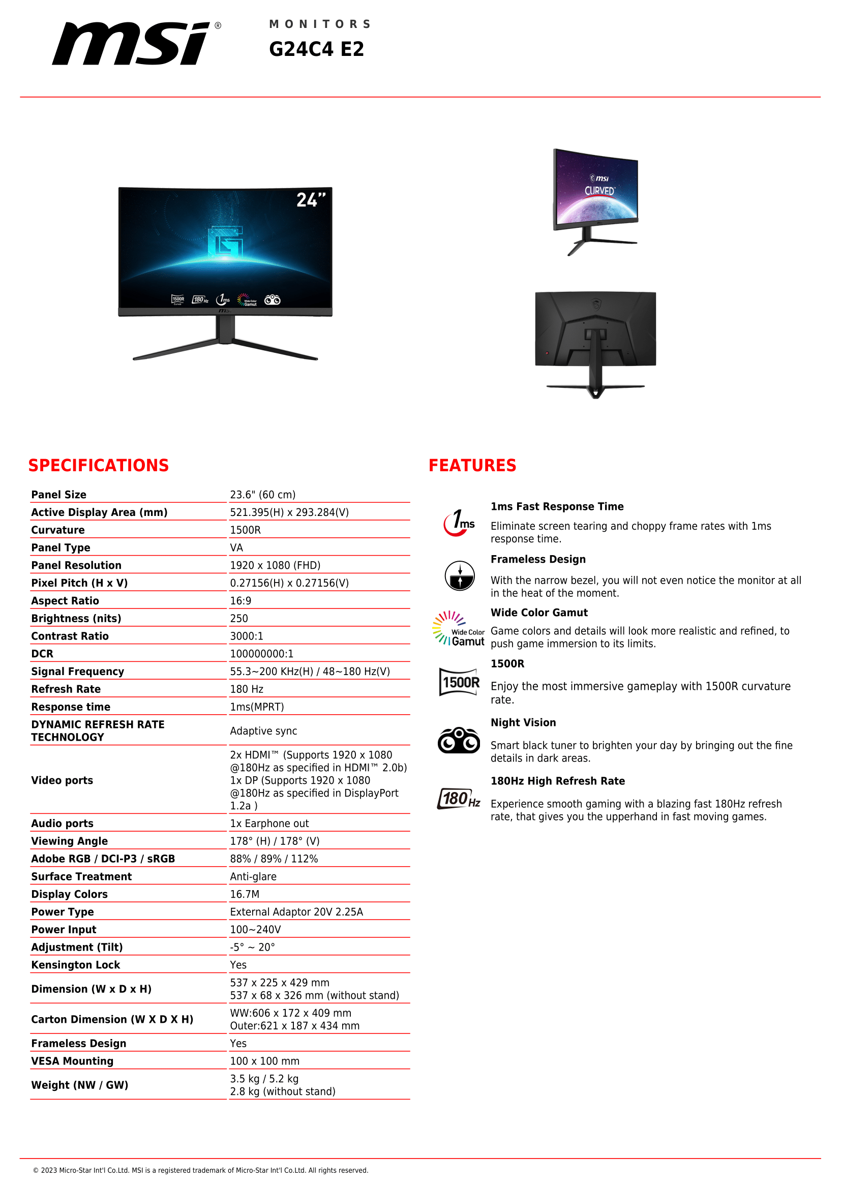 MSI Optix G24C4 E2 Curved Frameless Gaming Monitor -- 24" Full HD 1500R ...