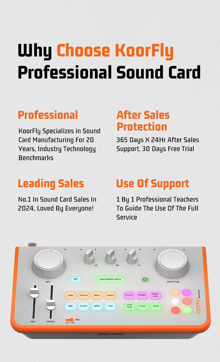 KOORFLY KF02 Live Sound Card 48V Sound Mixer Sound Effects Bluetooth ...