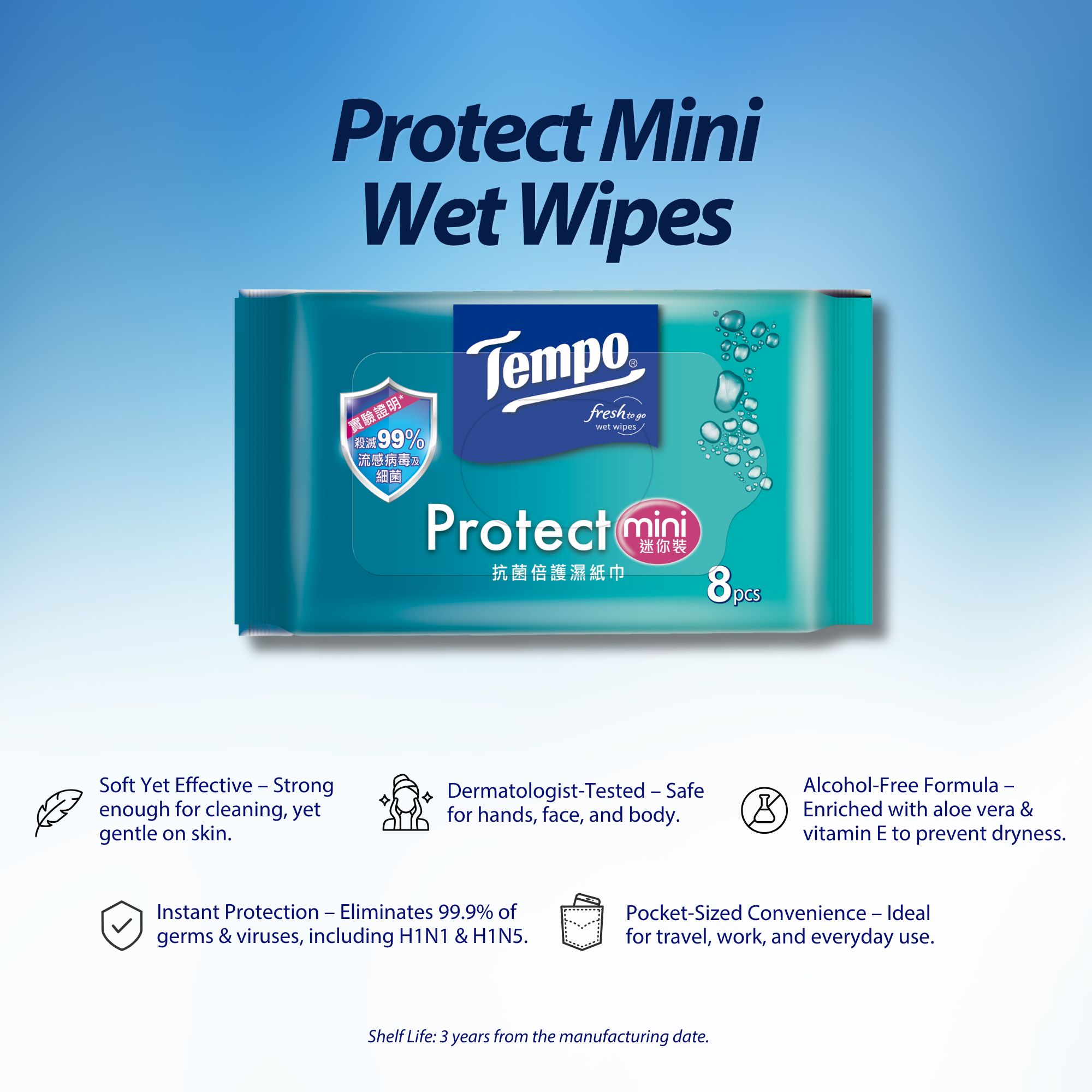 Tempo Protect Jasmine Mini Wet Wipes (Antibacterial, 8 Sheets per Pack ...