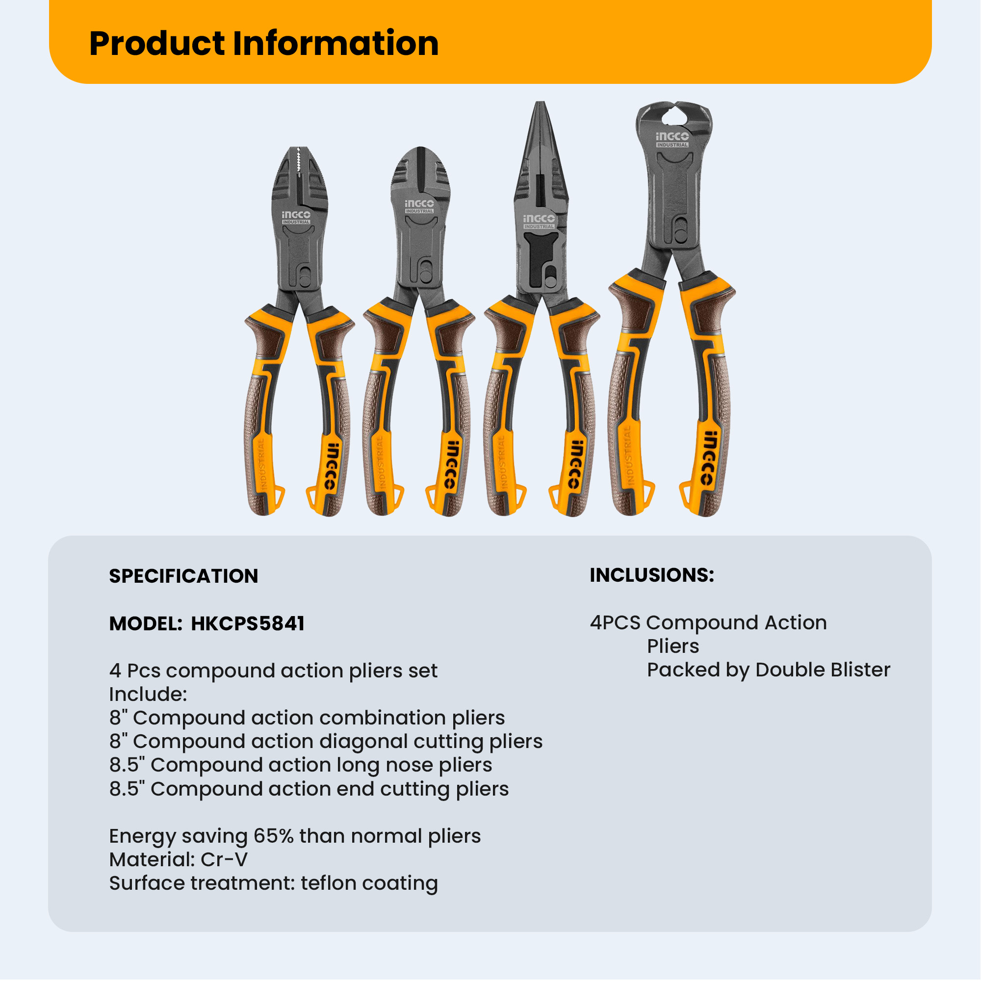 Ingco 4pcs Heavy Duty Compound Action Pliers Set Teflon Coated Grip ...