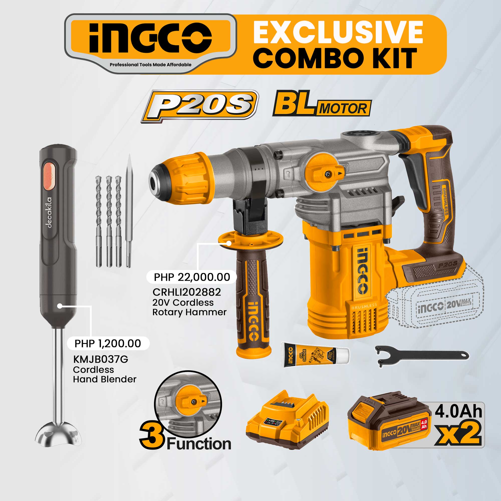 Ingco 2pcs Cordless Combo Kit w/ 4.5J 20V Brushless SDS Plus Rotary Hammer Drill & Hand Blender ...