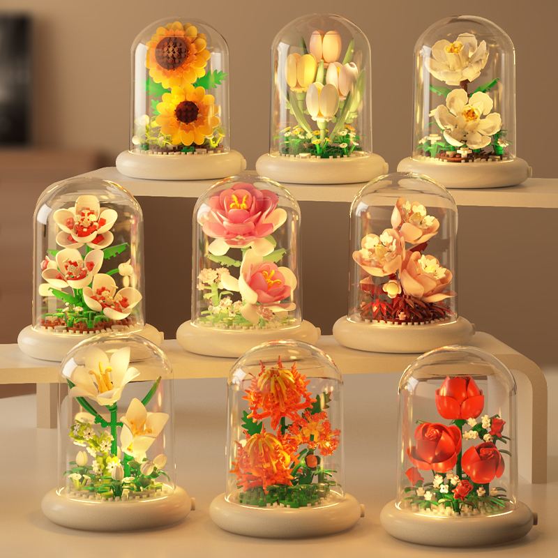 Hibiscus Flower Rose Flowers Set Building Blocks Toys with Light Glass ...