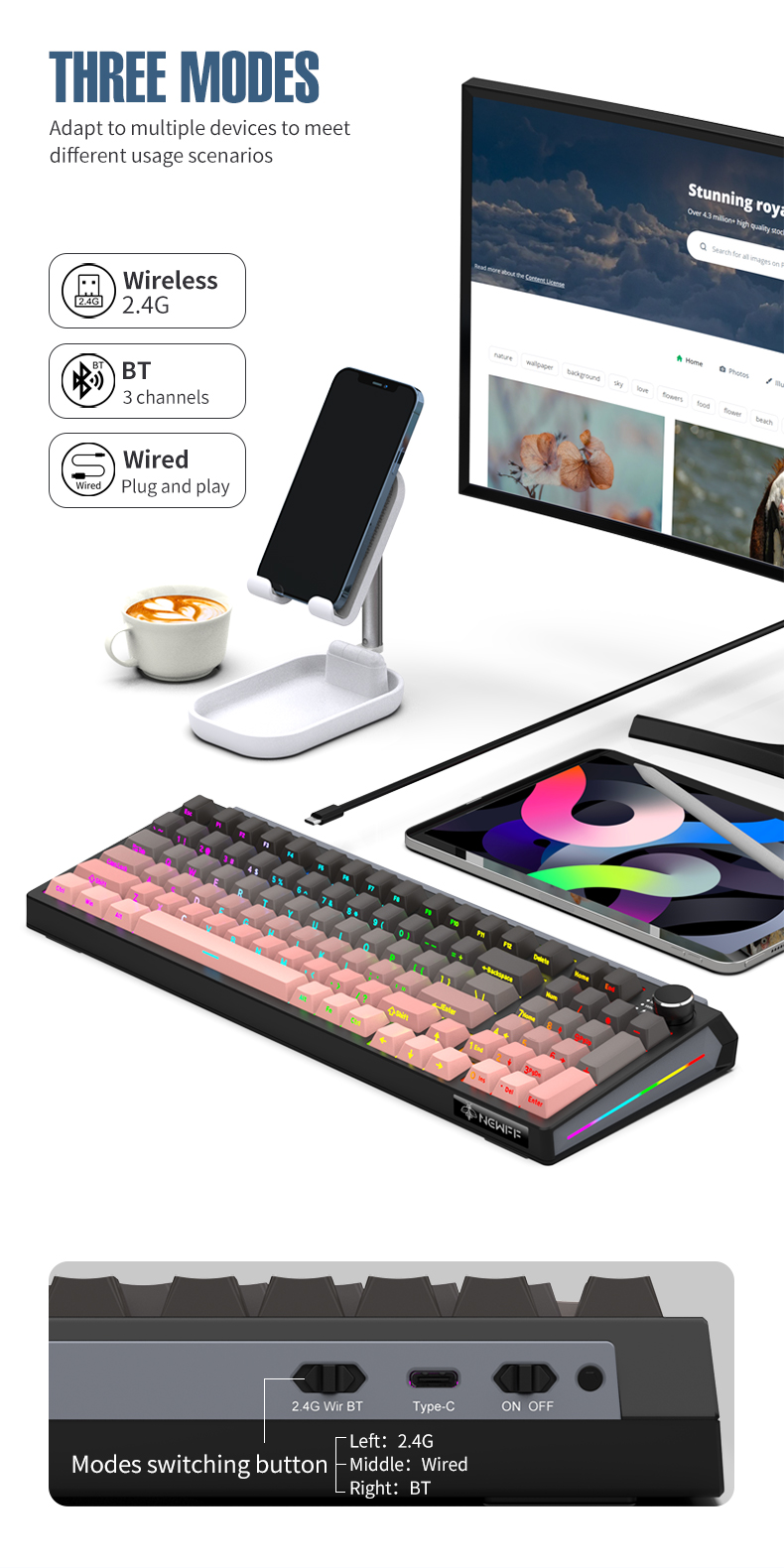 JK980 Wireless Three-mode Mechanical Keyboard Hot-swappable HIF Silent ...