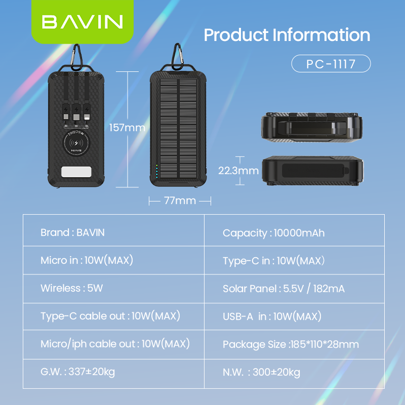 BAVIN PC1117 10000mAh Wireless Solar Powerbank w/ 6 Output Ports and Strong LED Light | Shopee ...