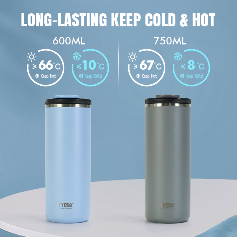 Tyeso 600ml/750ml Vacuum Insulated Tumbler Flat Lid Stainless Steel Water Bottle Hot & Cold ...