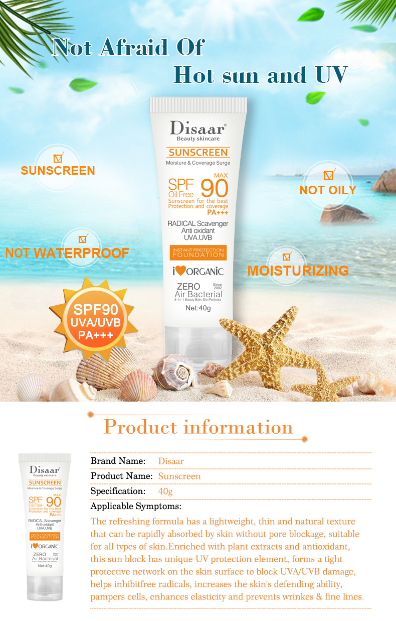 Disaar Facial SPF 90+ Skin Care Sunscreen Cream Waterproof LastingMoisturizing Protect Sunblock ...