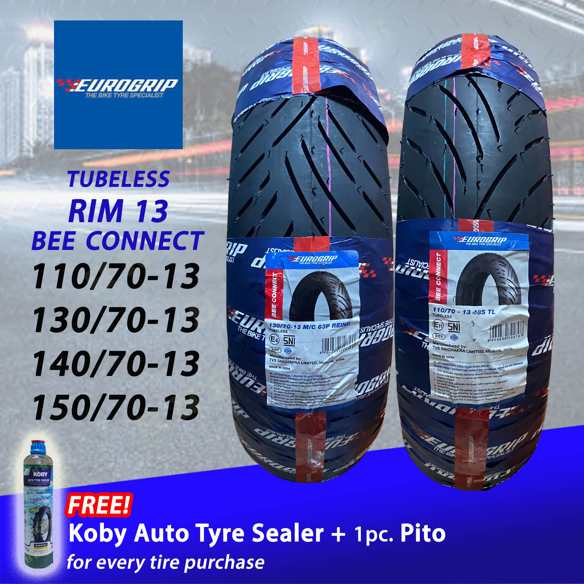 EUROGRIP Bee Connect Tires RIM 13 Tubeless Tires (110/70-13 , 130/70-13 ...