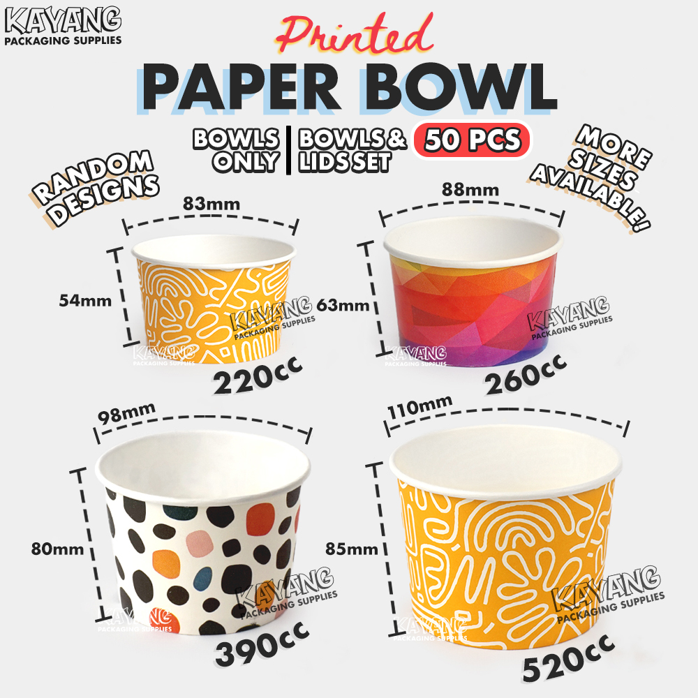 [50pcs] Paper Bowl | Printed | with Lid SET | 220cc, 260cc, 390cc ...