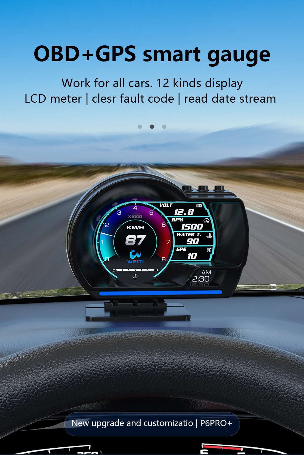 WEITI P6 PRO+ OBD2+GPS Car Head Up Display Speedometer Gauge OBD HUD ...