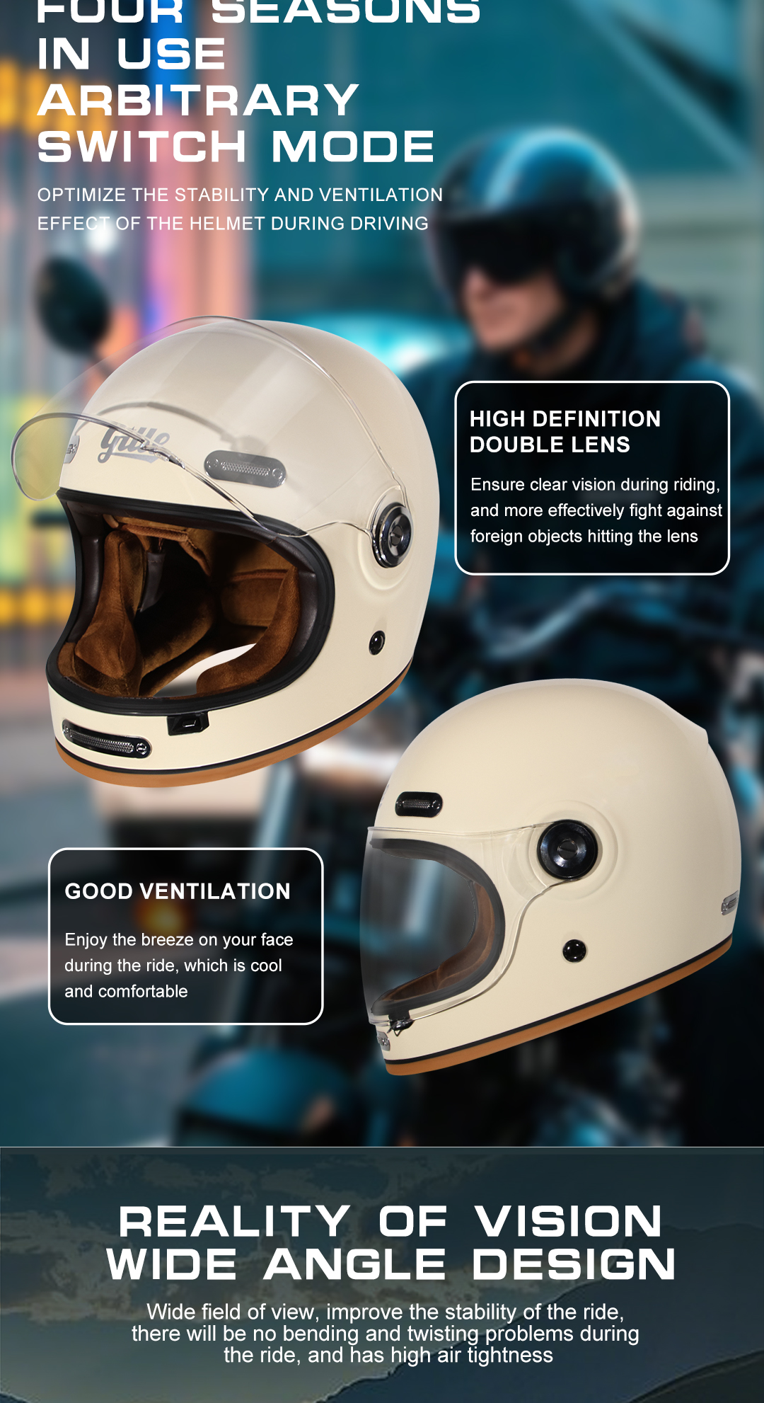 GILLE YM-898 ATAVISTIC Classic Full Face Motorcycle Helmet Single Visor ...
