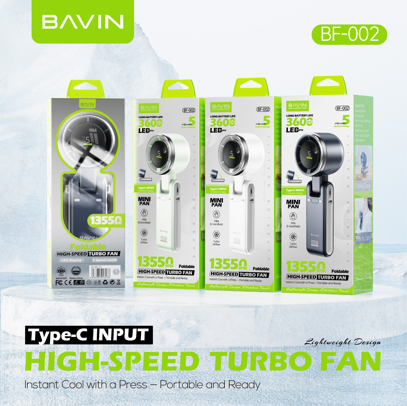 BAVIN BF002 Foldable Mini Fan LED Display & Portable 5 Speeds Level ...