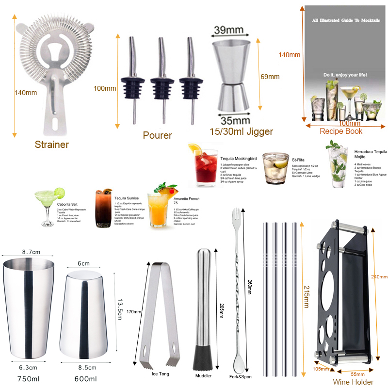 [Ship Local] 14Pcs 750/600ml Black/Rose Gold Steel Cocktail Shaker ...