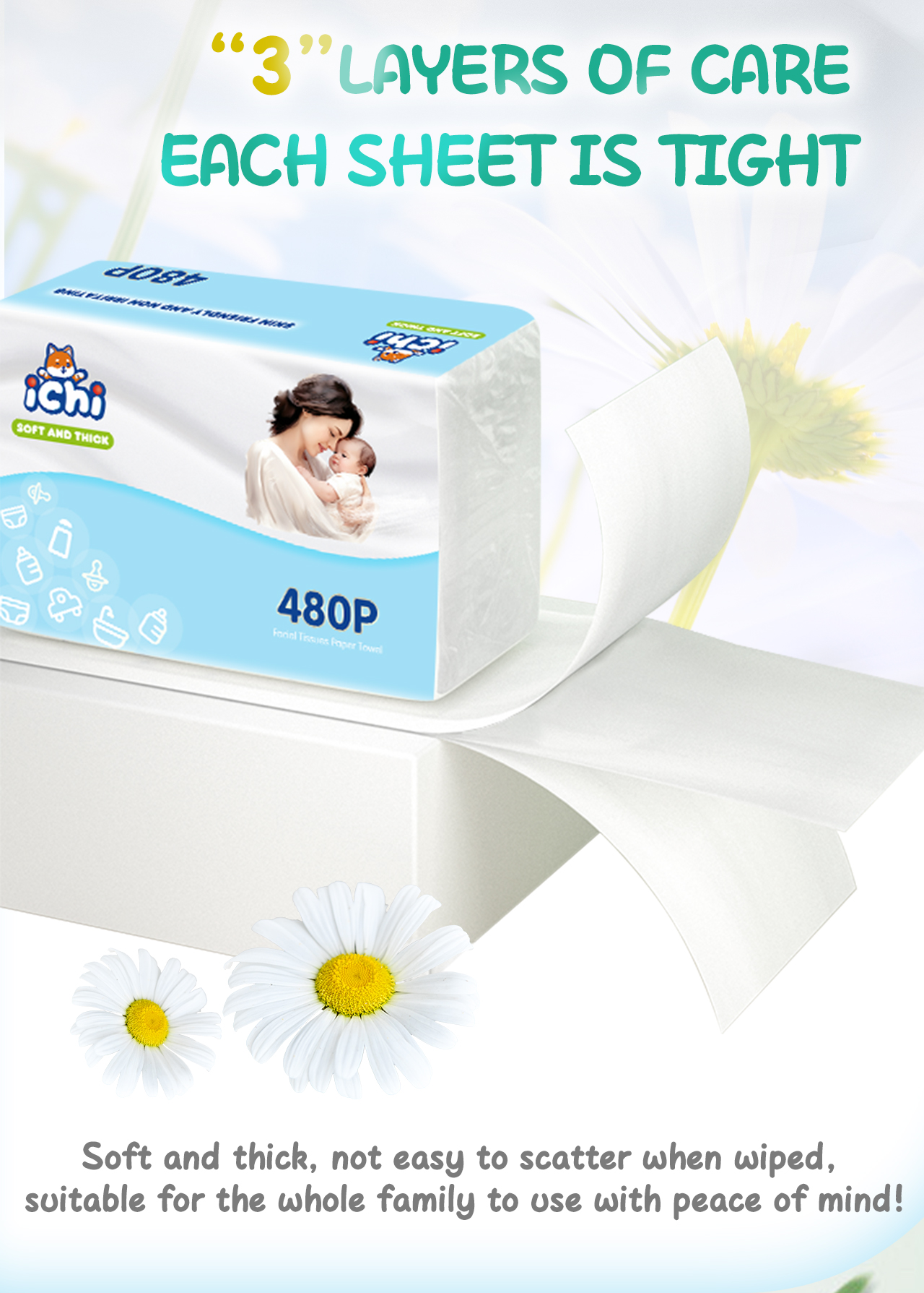 480 sheets Tissue 1pack(8pcs) ICHI Organic Facial Tissue Paper towel 3 ...