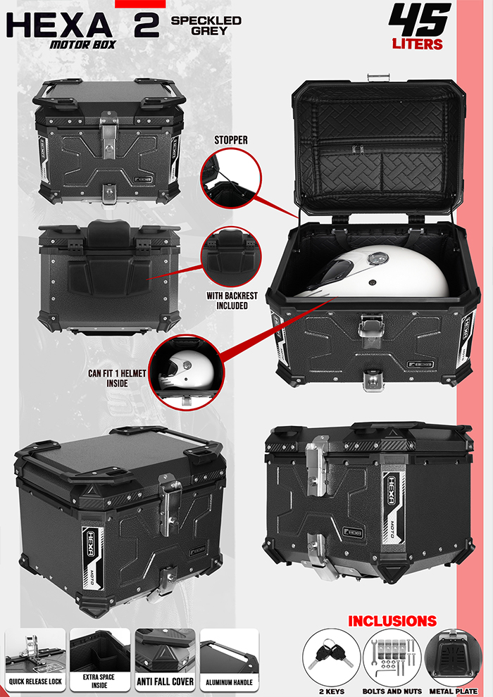 HEXA Top Box 45L Aluminum for Motorcycle Helmet Dual Lock With Backrest ...