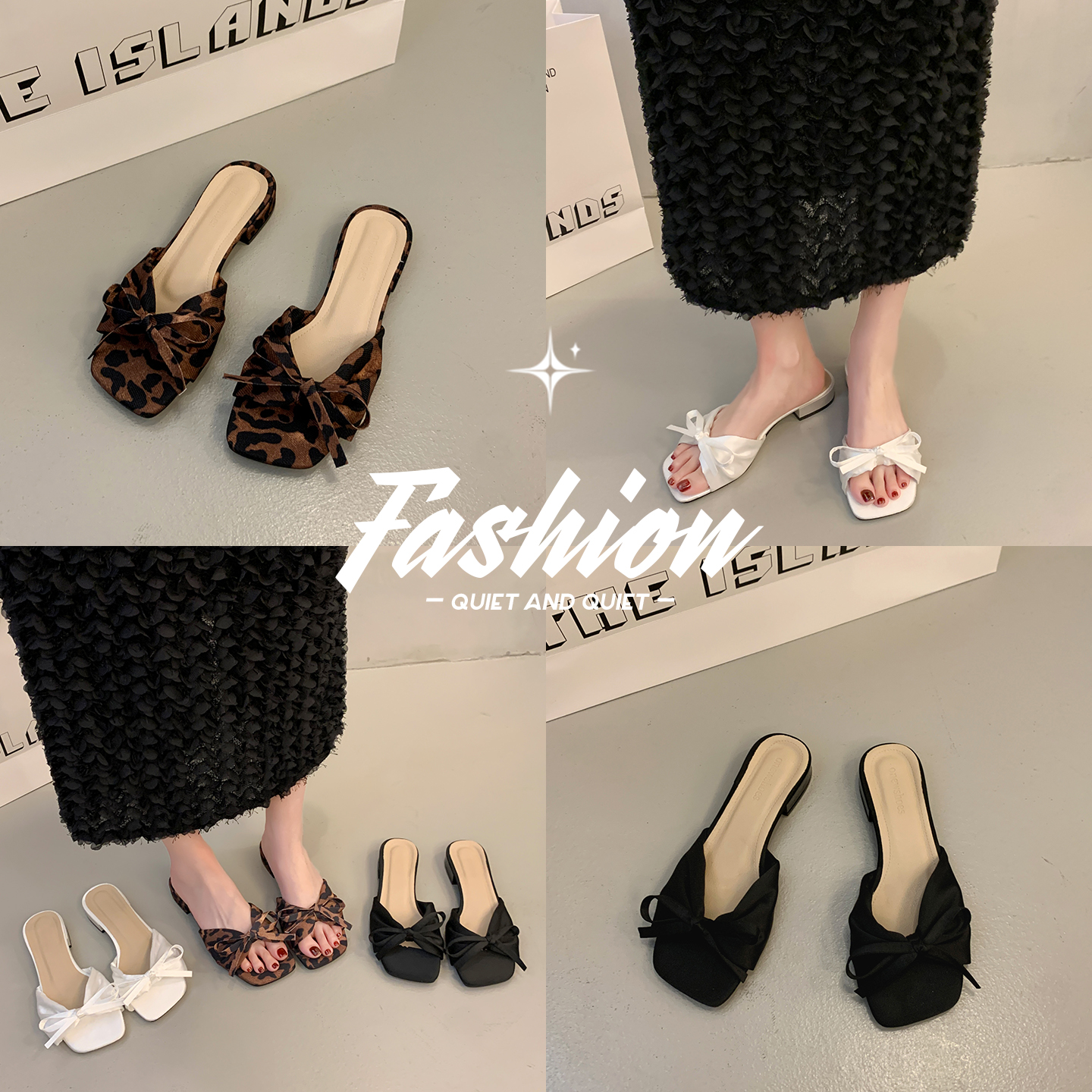 ONEW Korean style retro color-blocked fish mouth bow slip-on sandals ...