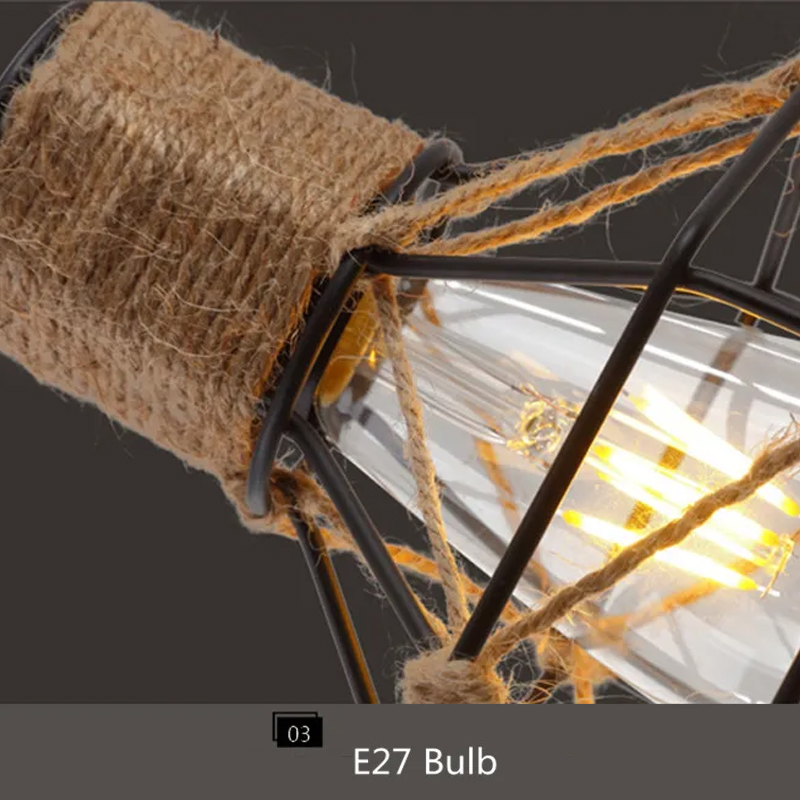 Pendant Light Retro Hemp Rope Iron Cage Drop Light for Bar Counter Cafe ...
