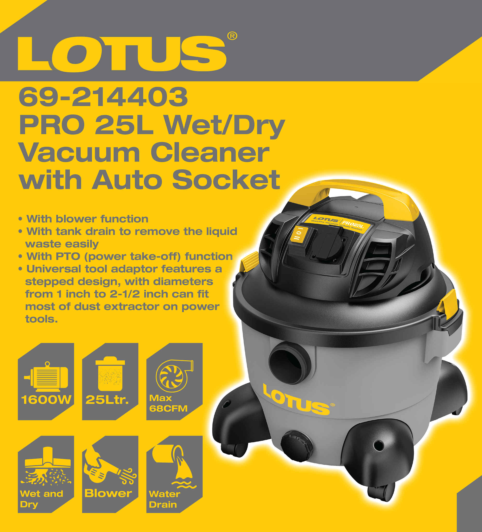 Lotus Vaccum Wet/Dry w/ Auto Socket PRO25L 69-214403 | Vacuum Cleaners ...