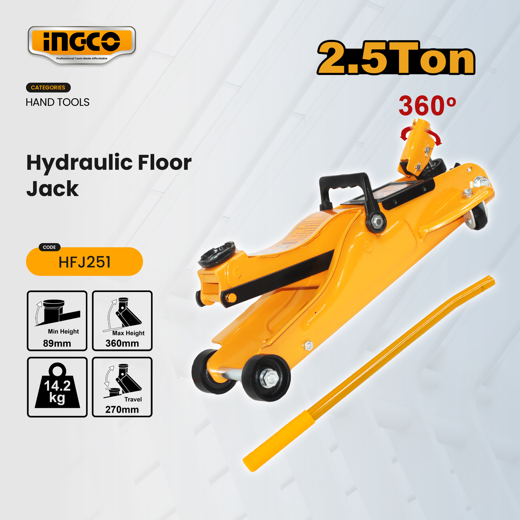 Ingco Hydraulic Floor Jack 2.5 Tons With 360 ° Rotating Handle HFJ251 ...
