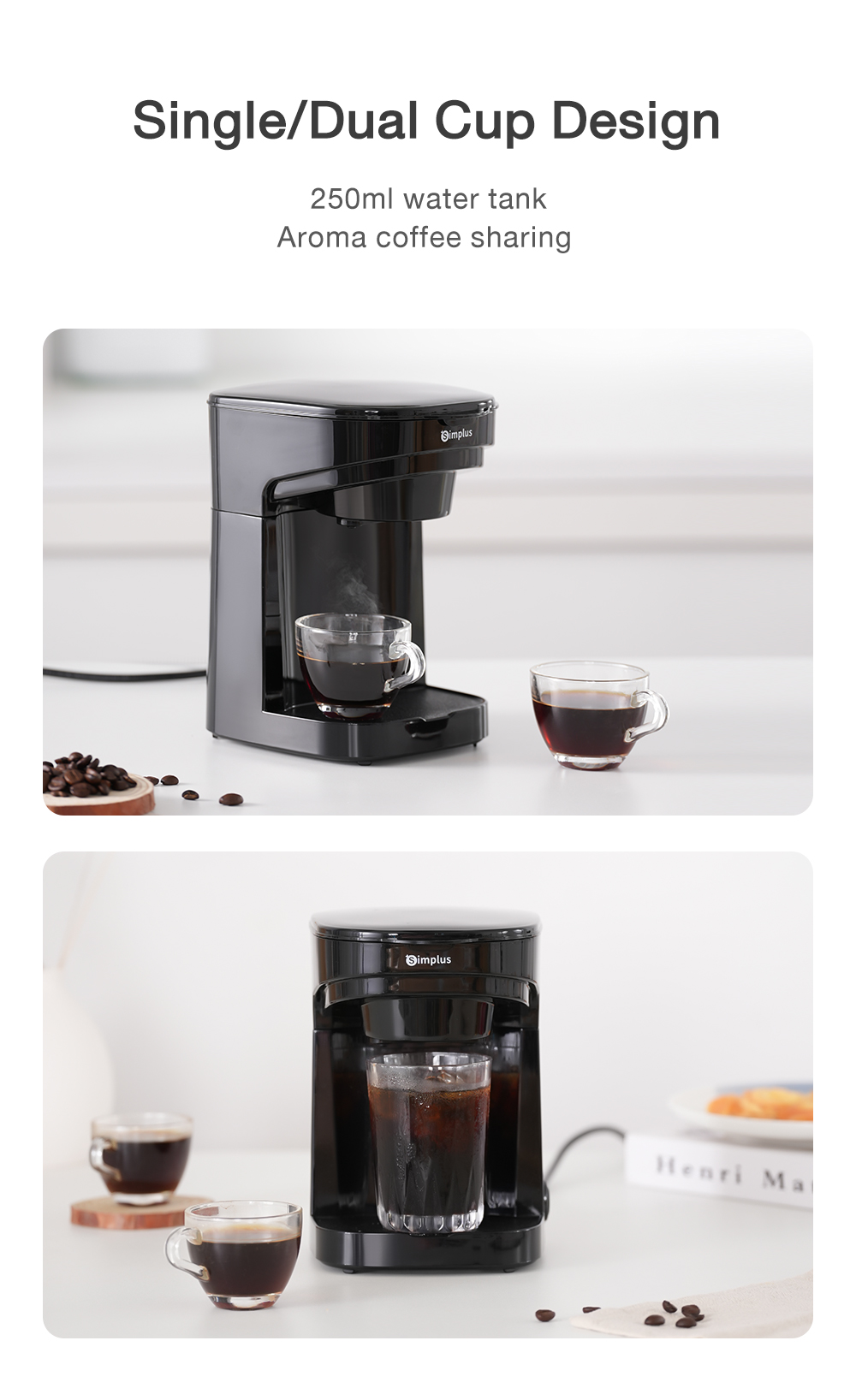 Simplus Coffee Maker Drip Filter Coffee Machine Dual Cups Dual-Use for Coffee and Tea Brewing ...