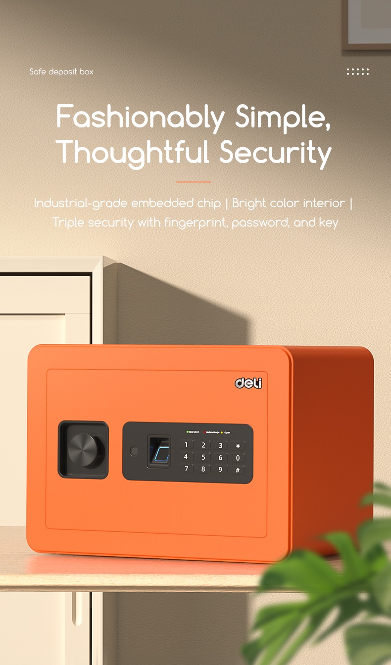 Deli Fingerprint Safe Deposit Box Steel Orange Money Box With Lock And Key Electronic Safety ...