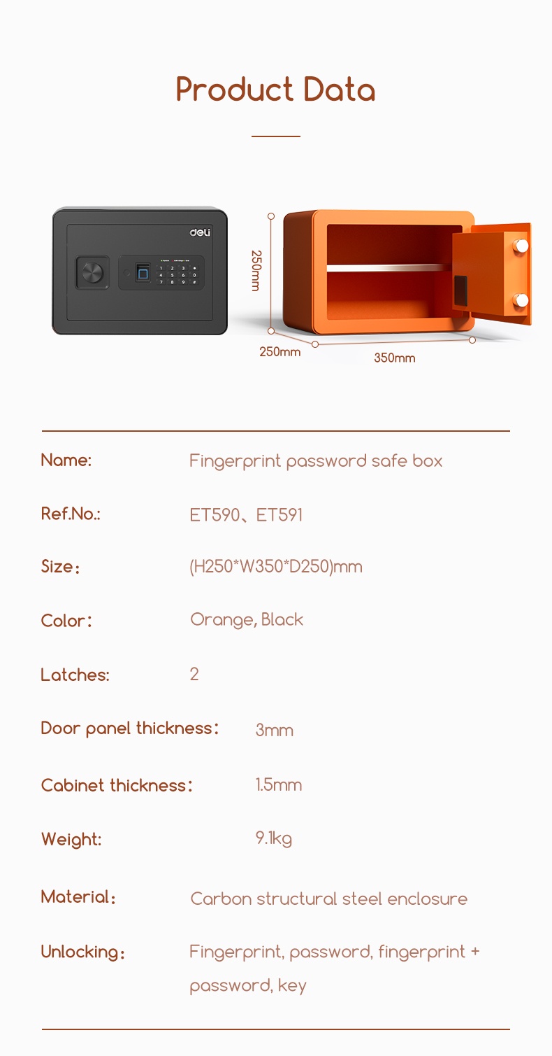 Deli Fingerprint Safe Deposit Box Steel Orange Money Box With Lock And Key Electronic Safety ...