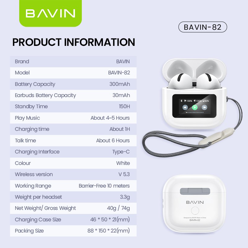 BAVIN BA82 Smart Wireless Earphones w/ LCD Touch Screen HiFi Sound ...