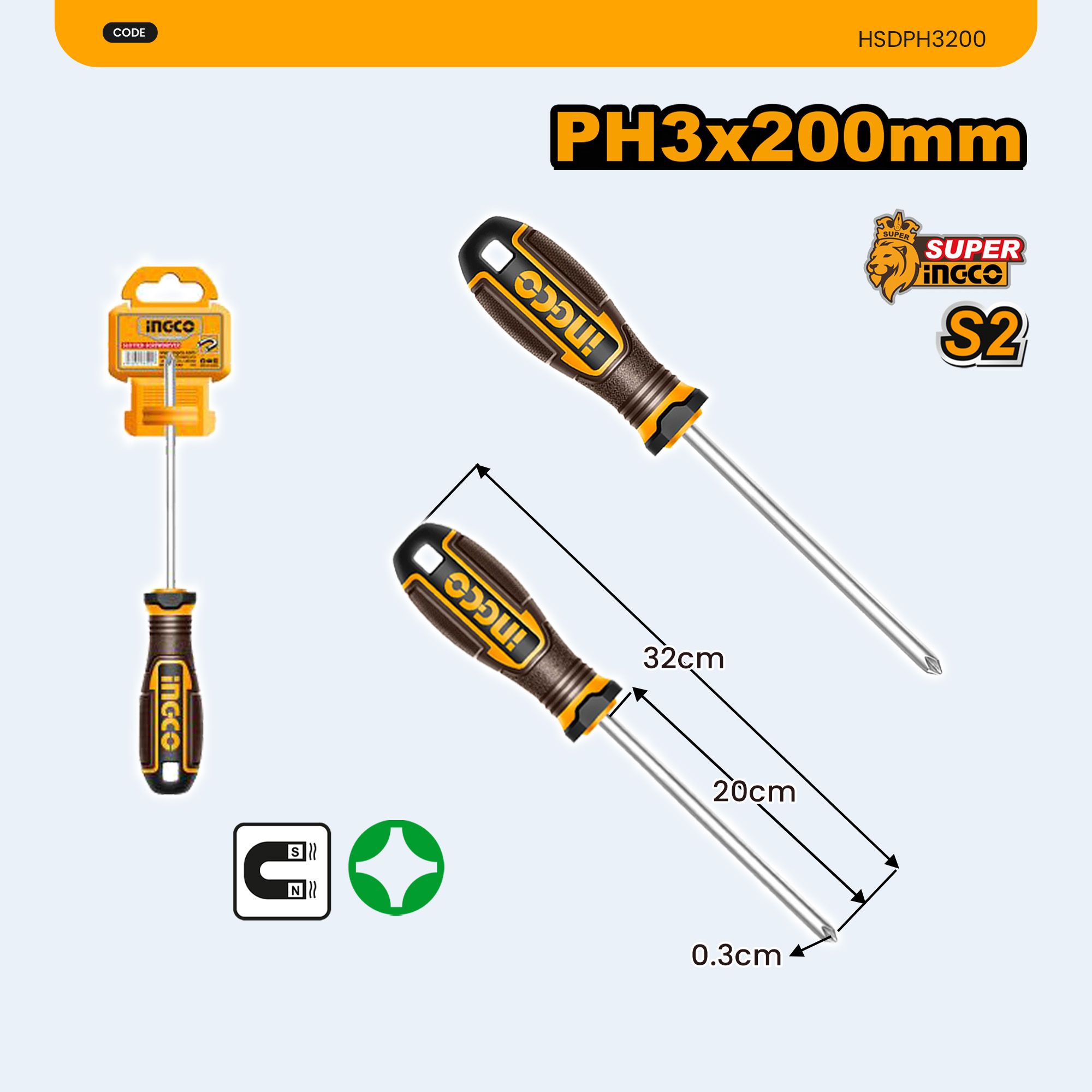 Ingco 200MM S2 Phillips Screwdriver PH3 with Magnetic Tip for DIY ...