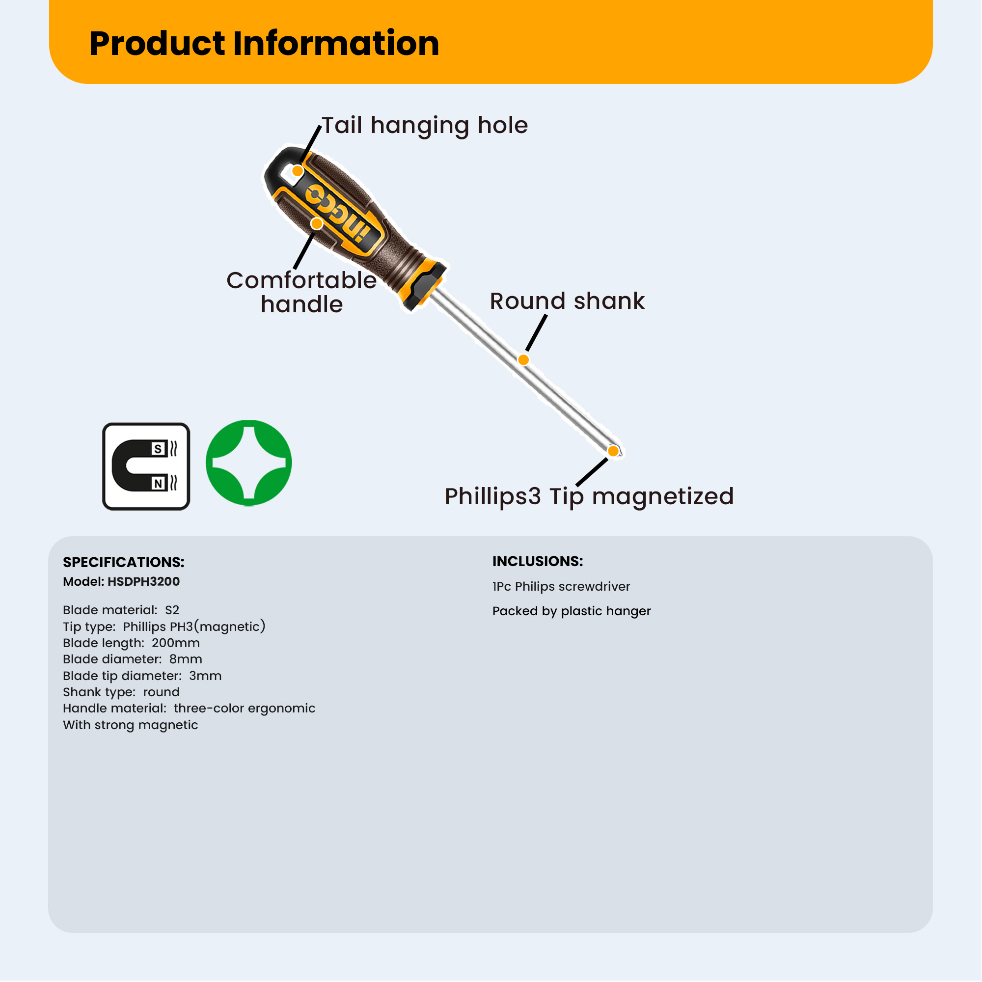 Ingco 200MM S2 Phillips Screwdriver PH3 with Magnetic Tip for DIY ...