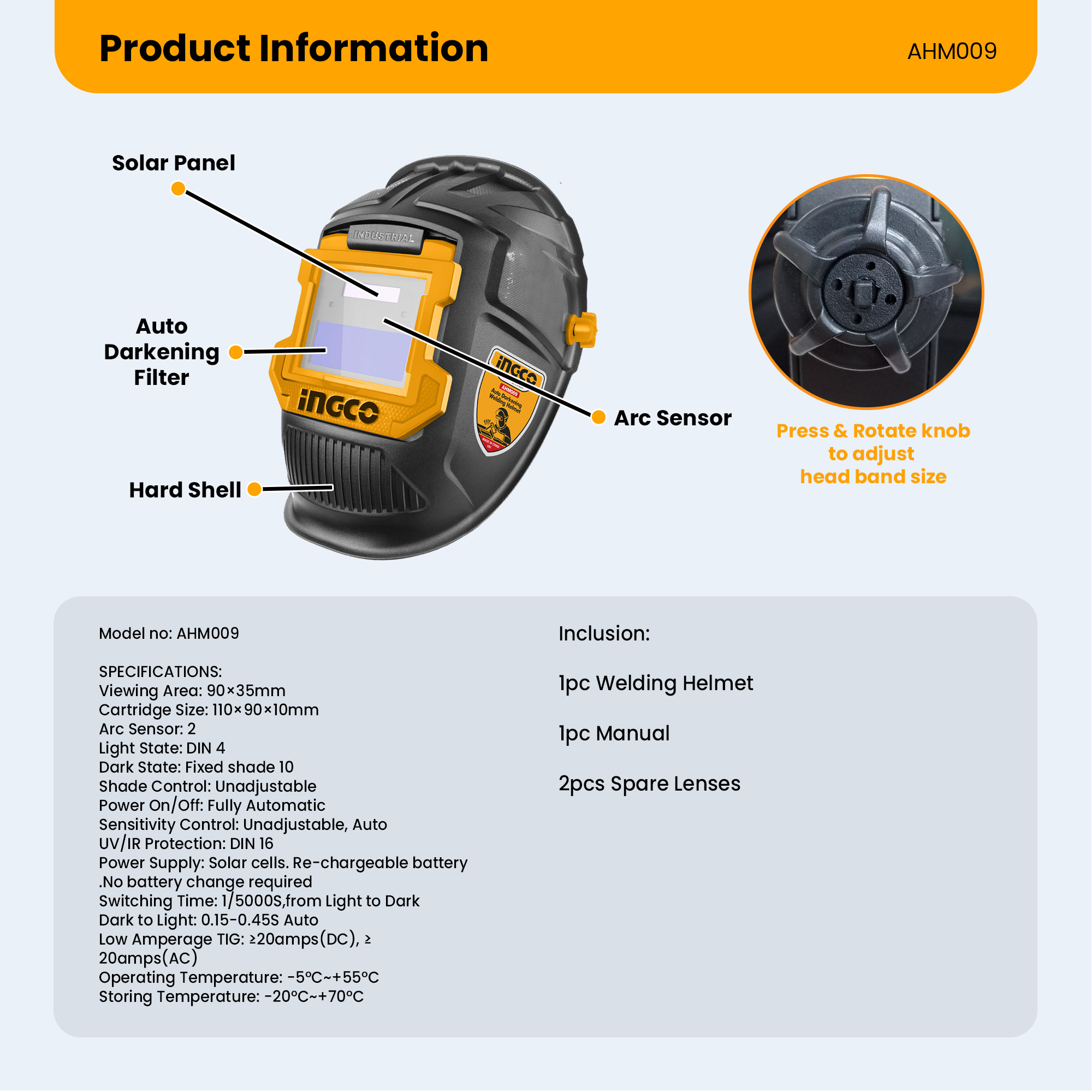 Ingco Auto Darkening Welding Helmet 90x35mm Solar Powered Welding Visor ...