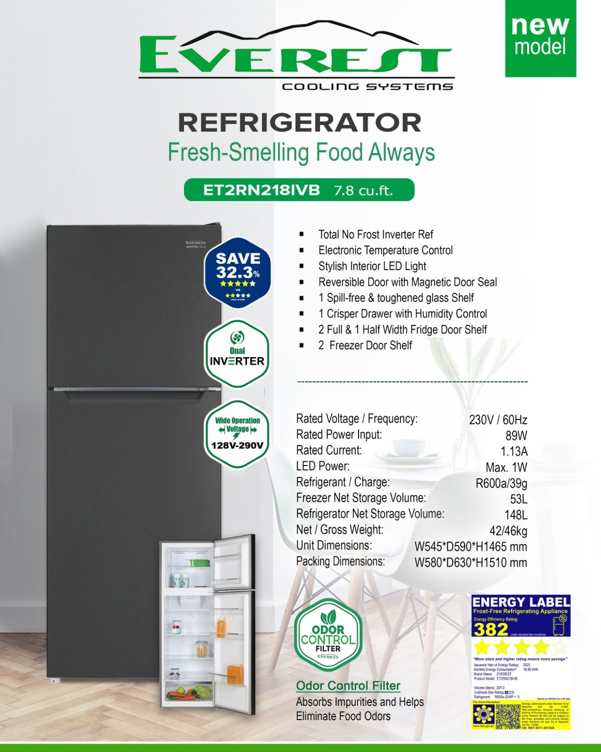 EVEREST 7.8 cu.ft No Frost Inverter Two Door Refrigerator/ Dual ...