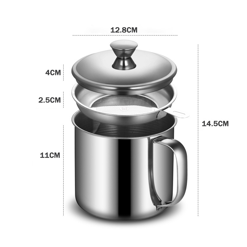 1.3L 304 Stainless Steel Oil Strainer Pot with Lid Filter Cooking Oil Container Bottle Dispenser ...