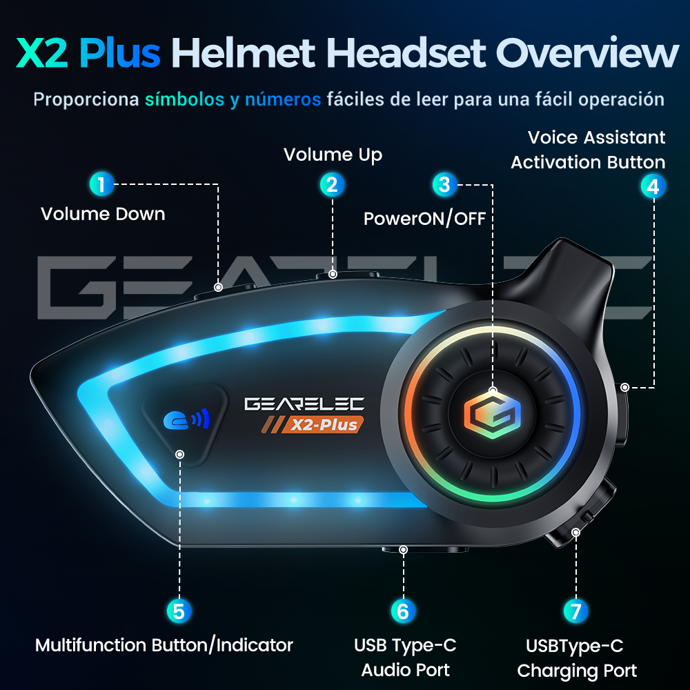 GEARELEC X2 Plus Motorcycle Helmet Intercom Headset 2 Rider 100M Music ...