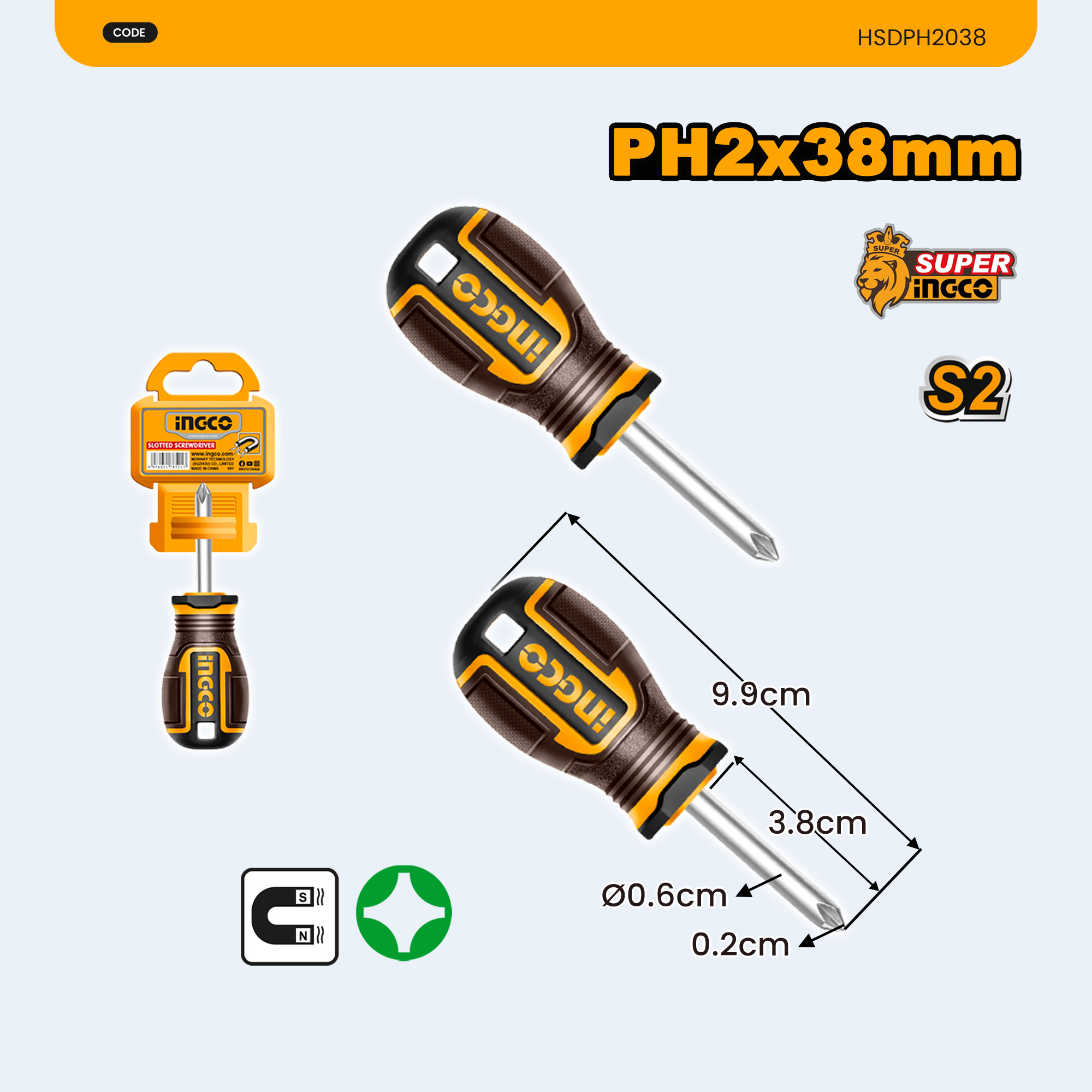 Ingco Phillips Screwdriver PH2x38mm Compact Pocket Magnetic Stubby Mini ...