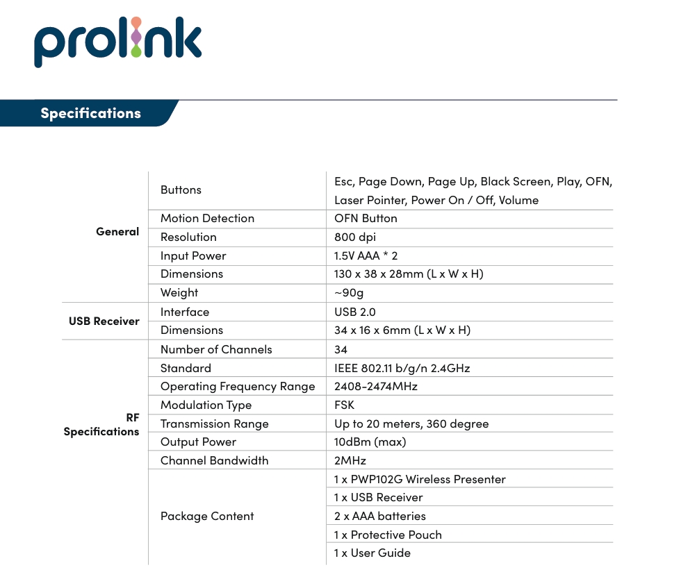 Prolink PWP102G Wireless Presenter with Air Mouse Red Laser for Laptop ...