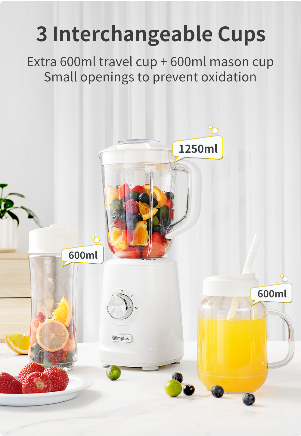 Simplus 3 in 1 Blender 1.25L+600ml Travel Cup+ 600ml Mason Cup Multi ...