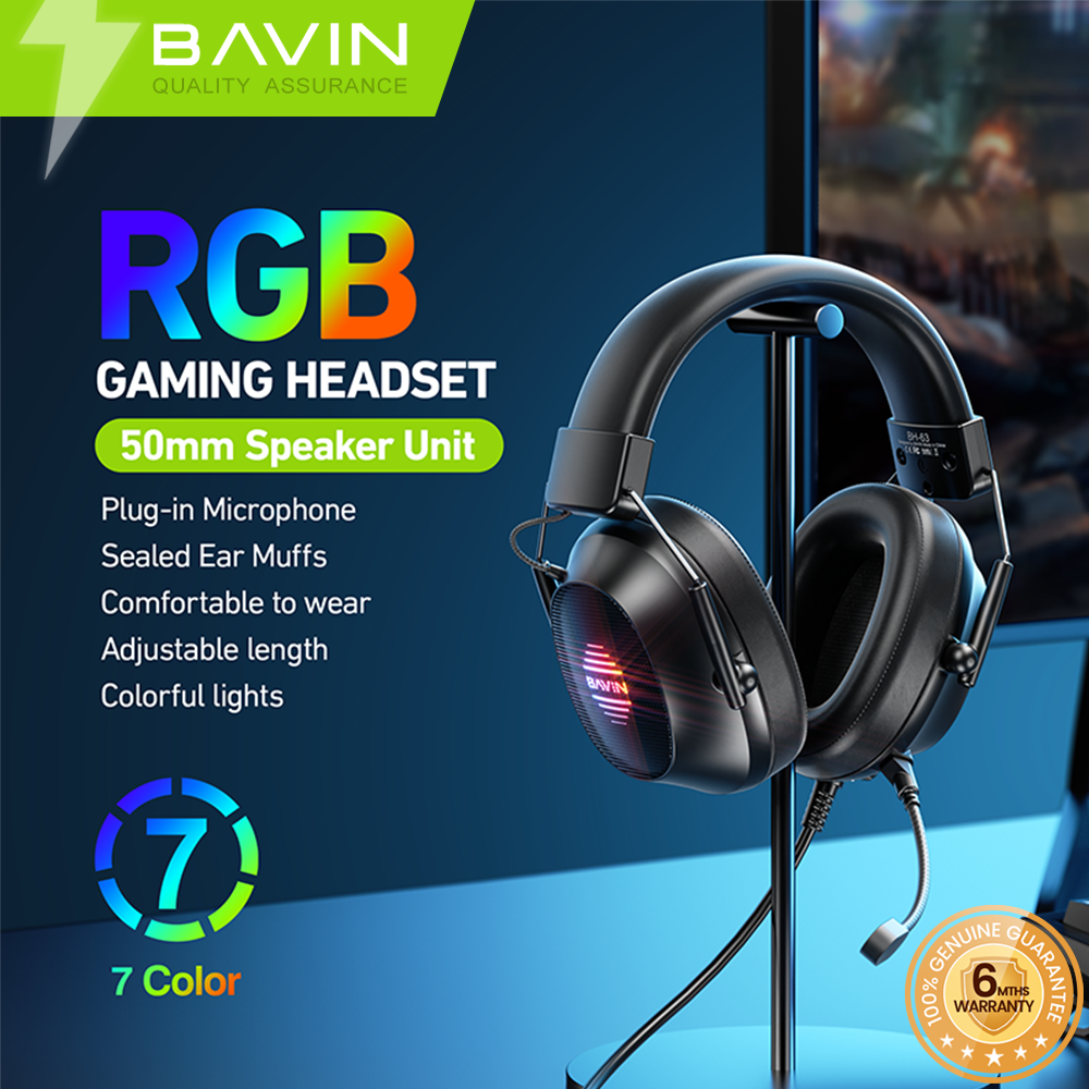 BAVIN BH63 RGB Gaming Headset HI-FI Wired Headphones w/ 7-Color Lights Retractable & Detachable ...
