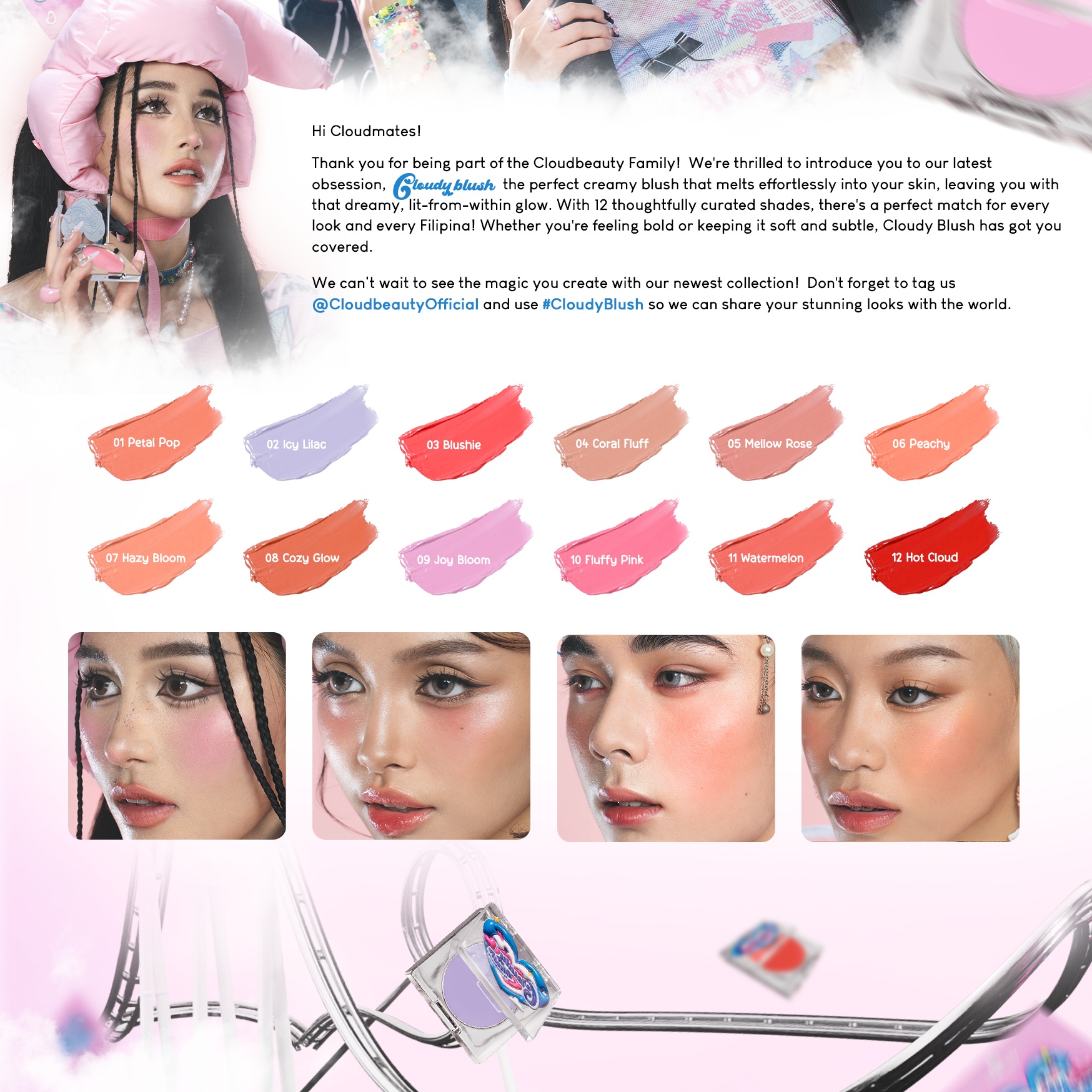 CLOUDBEAUTY Cloudy Blush Creamy Cheek Tint Blush Easy to Blend Lightweight for Daily Makeup All ...