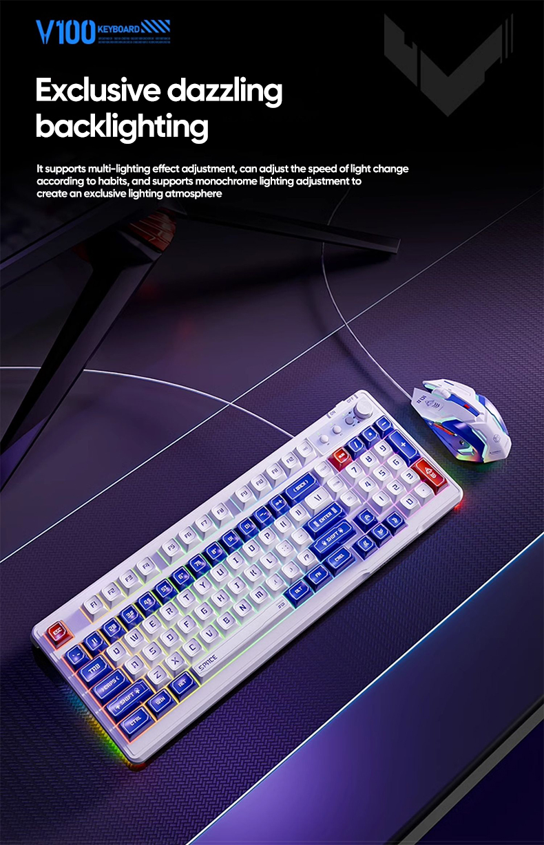 V100 98-key RGB wired keyboard with RGB lighting, mecha style design ...