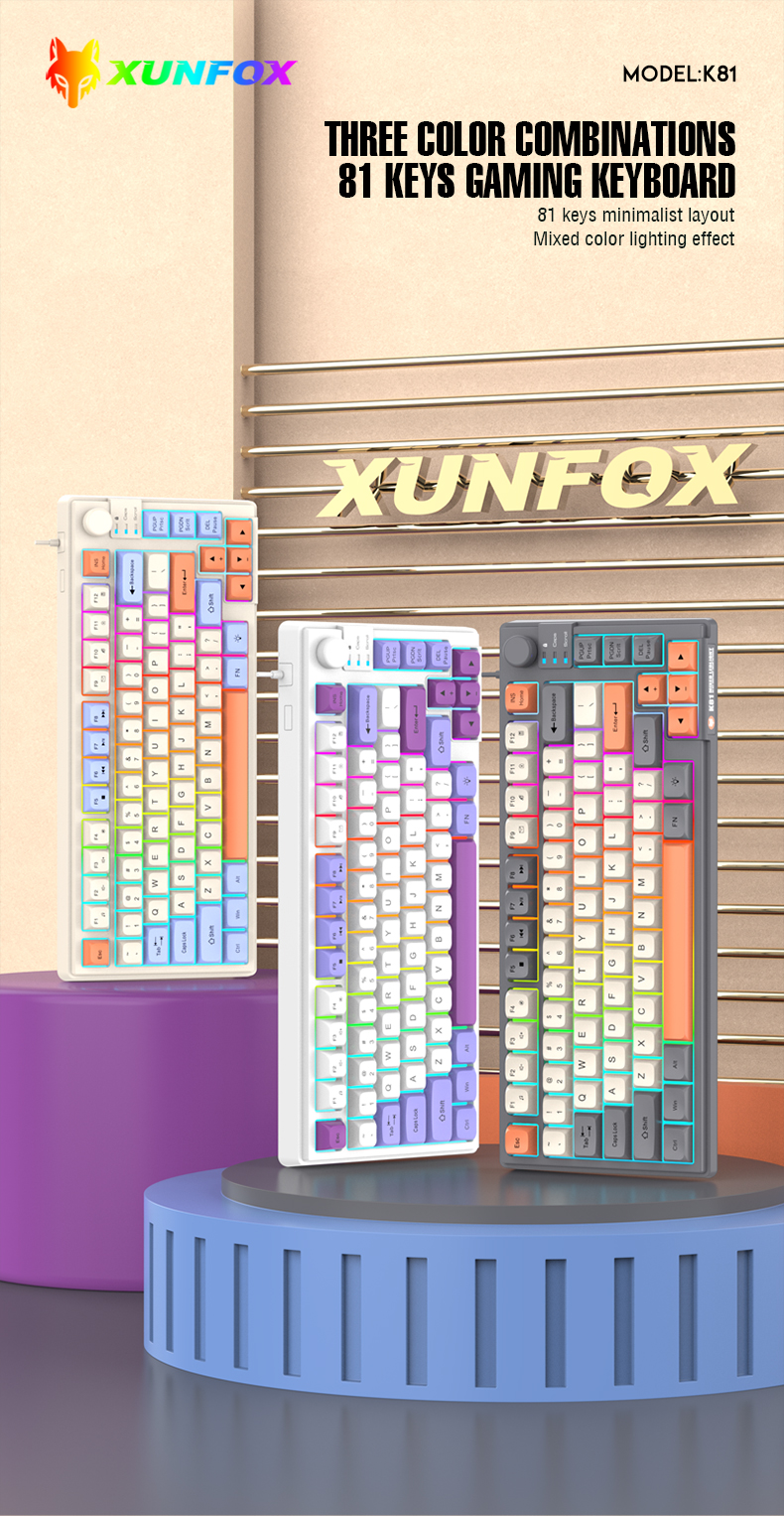 XUNFOX K81 mixed RGB light 81key contrast color mechanical feeling ...