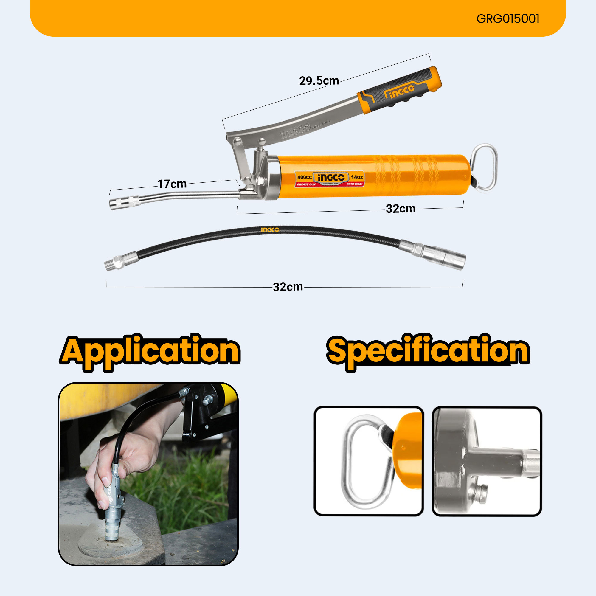 Ingco 400cc Heavy Duty Grease Gun Manual Lubricant Injector Applicator ...