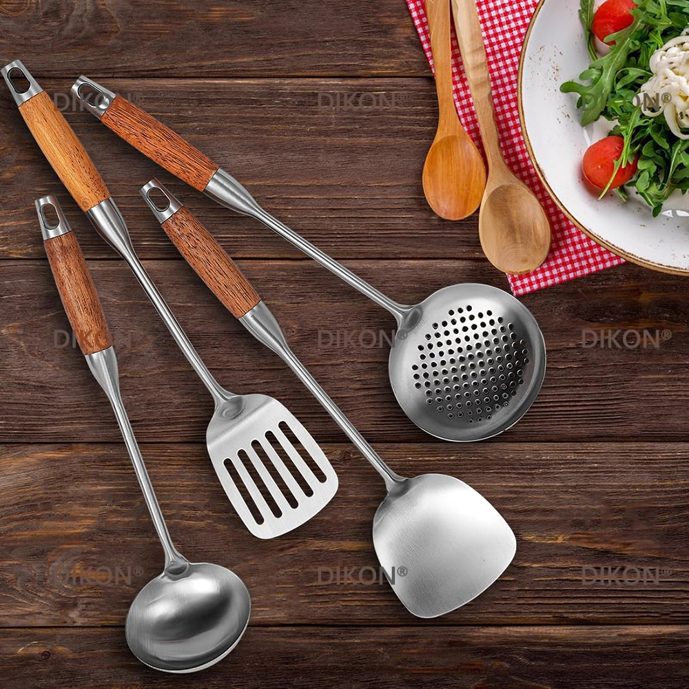 Stainless Steel Wok Spatula Ladle Skimmer Wooden Handle Kitchen ...