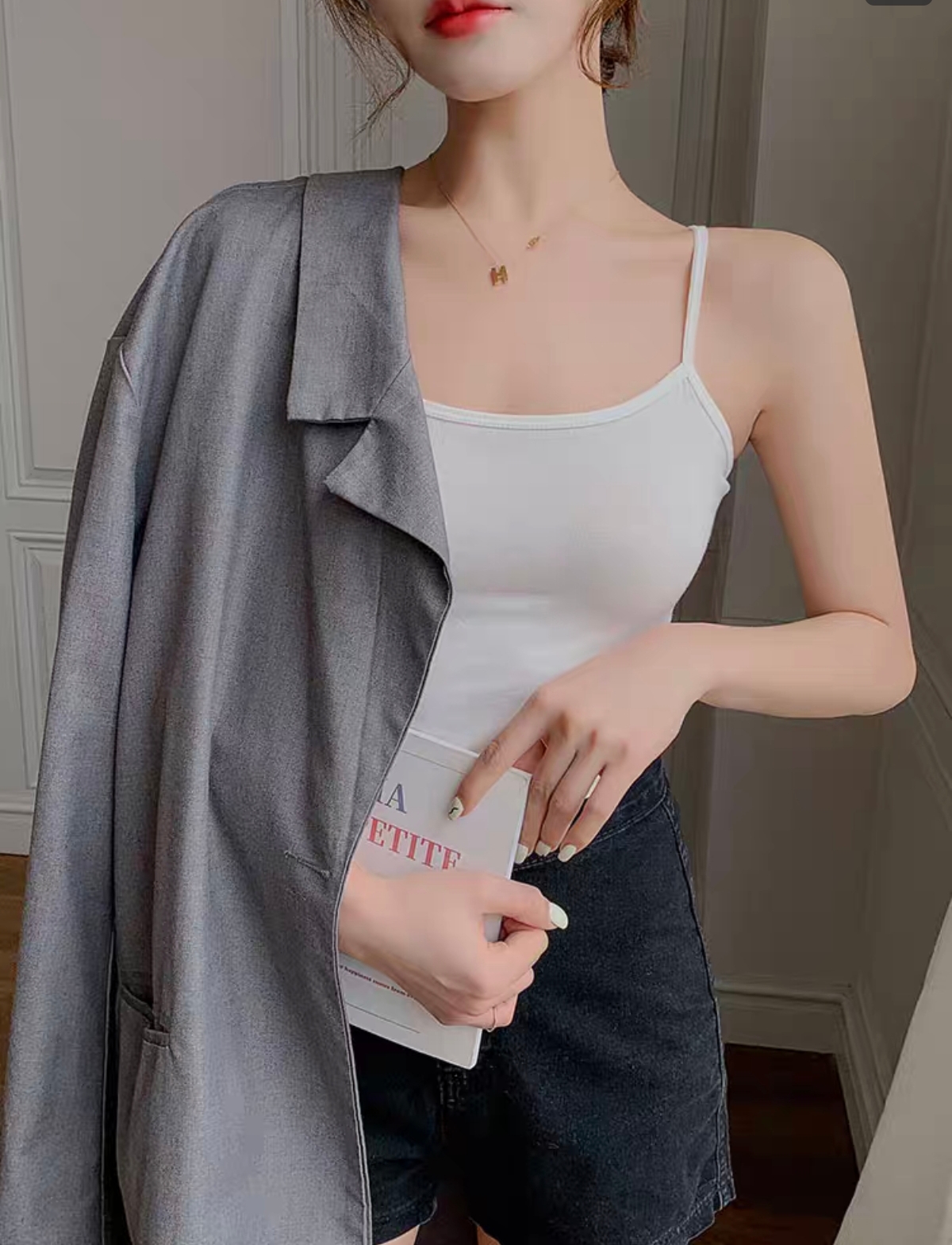 Women's Strap Spaghetti Sando with Breast Pads Cotton Sleeveless Cami ...