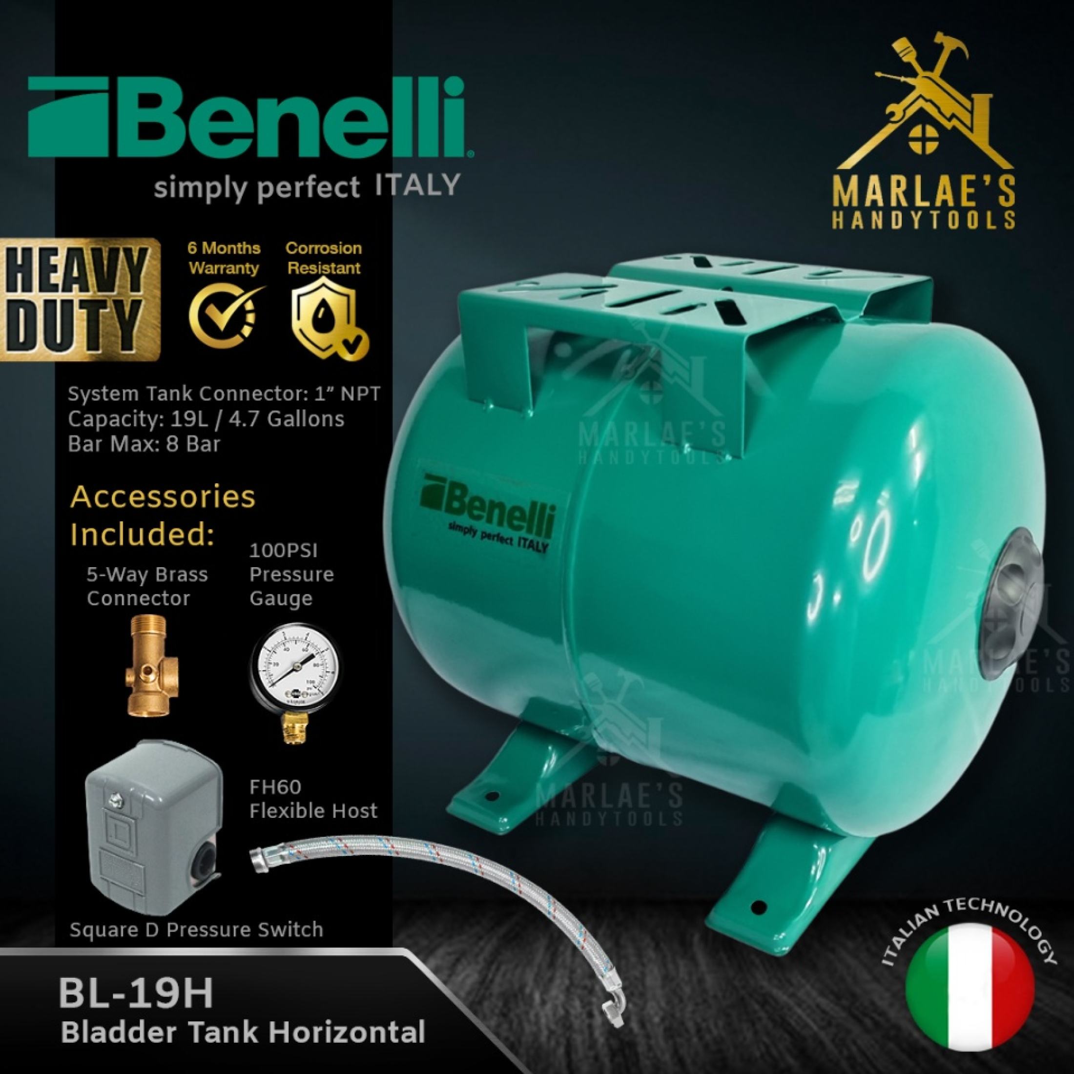 Benelli 19 Liters 60 Liters Bladder Tank with Pressure Switch, Gauge ...