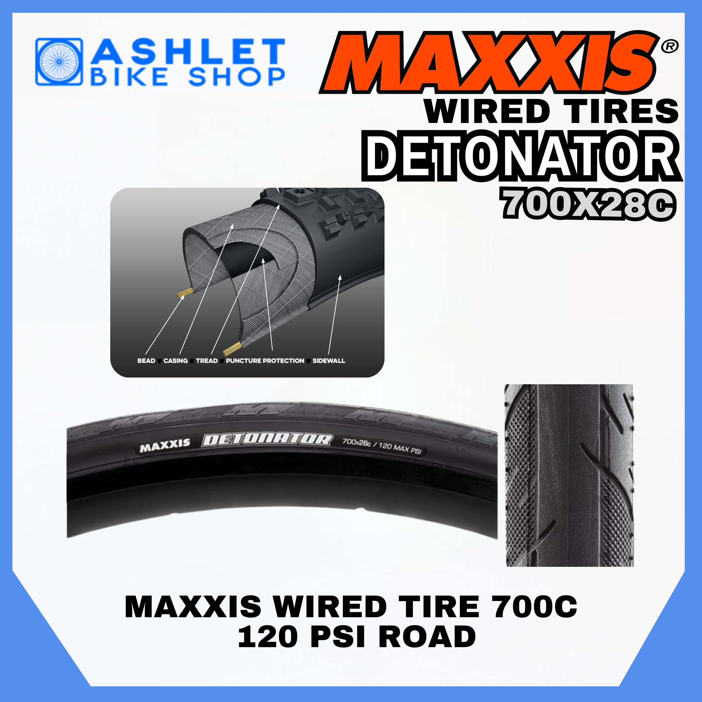 MAXXIS DETONATOR WIRED TIRE ROAD M203 700x28C 120 PSI 120 TPI ( Sold ...