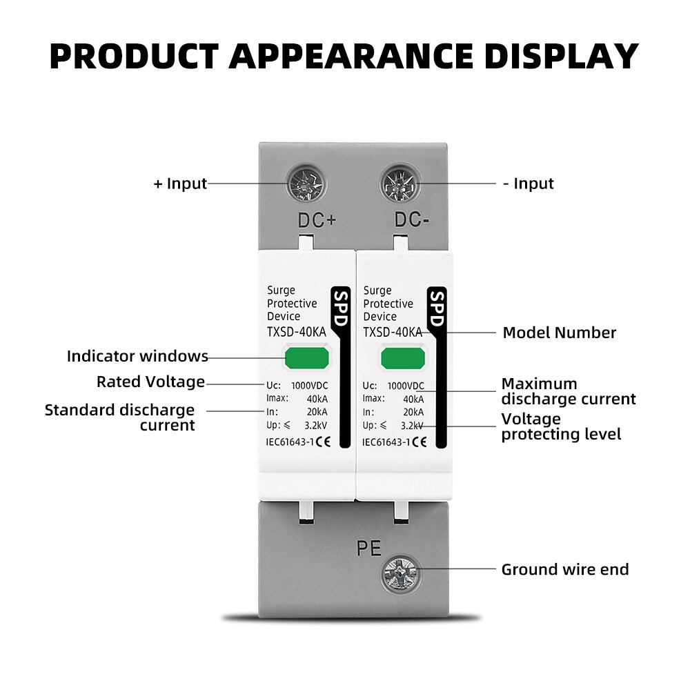 DC SPD Surge Protective Device 600V 800V 1000V 2P 20KA 40KA 60KA ...