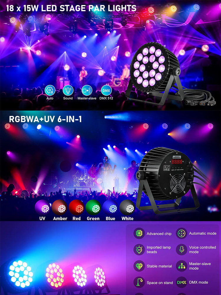 KAIY 18 LED Par Lights RGBWAUV 6 IN 1 Full Color Stage Lighting DMX512 ...